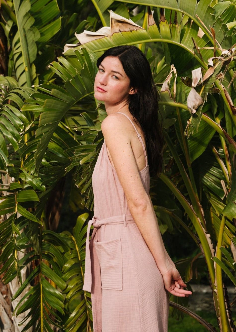 Robe longue en coton bio | rose "bubble strap long dress rose pink" femme