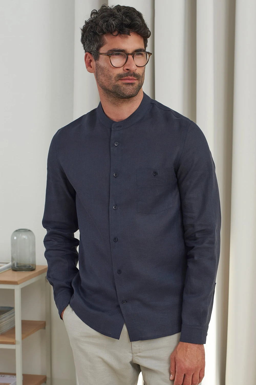 Chemise col mao en lin | bleu "nathan navy pure linen" homme
