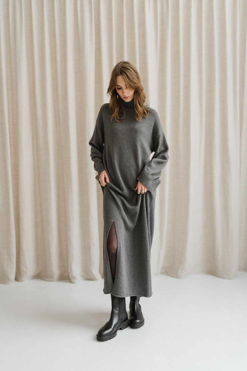 Robe longue col roulé en coton bio | gris "inari dark grey" femme