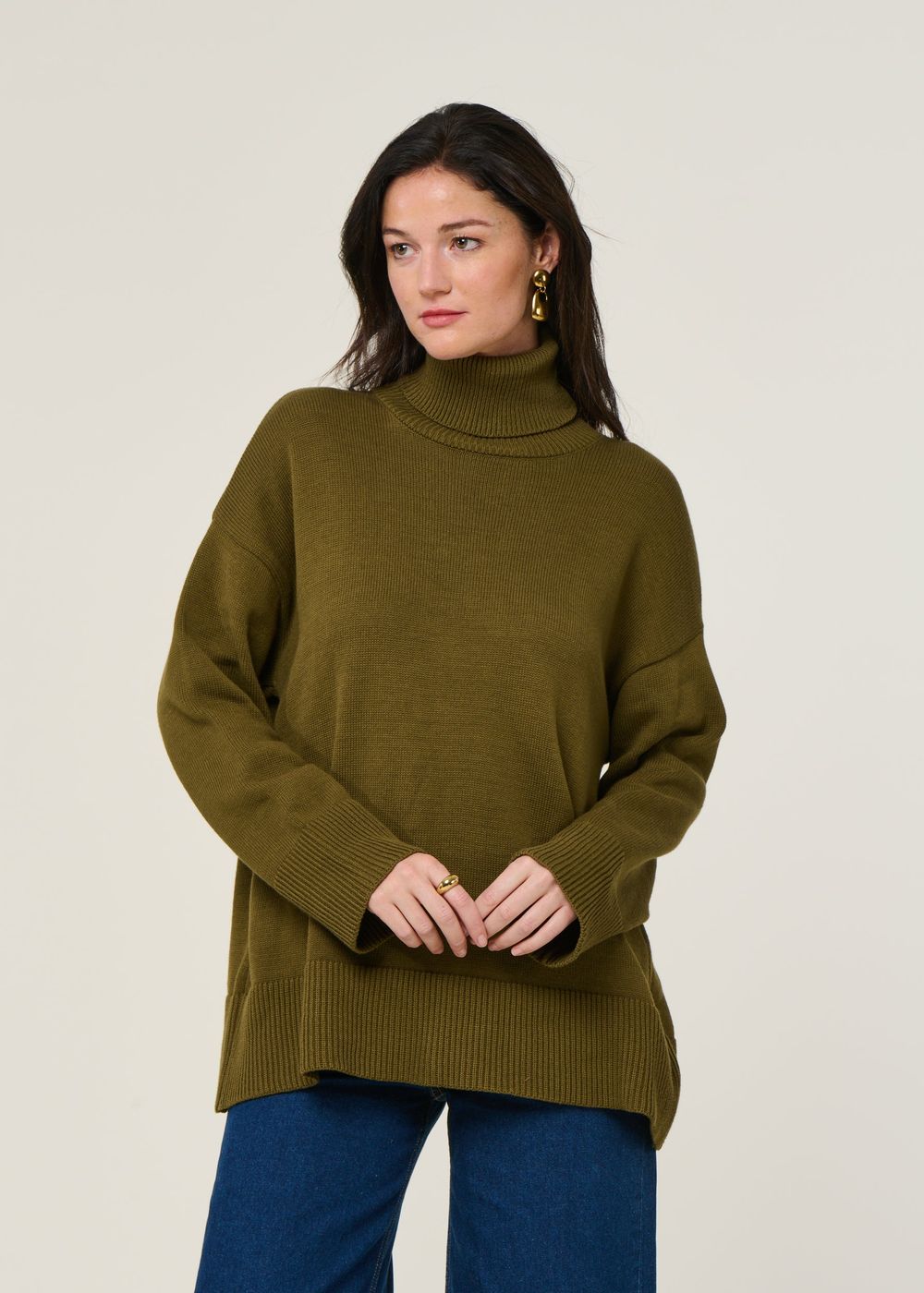Pull col roulé en coton bio | vert "mua - woody olive" femme - Jan'n June