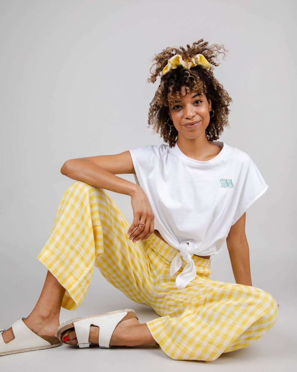 Pantalon vichy jaune en coton bio et matière recyclée - lorena lemon ...