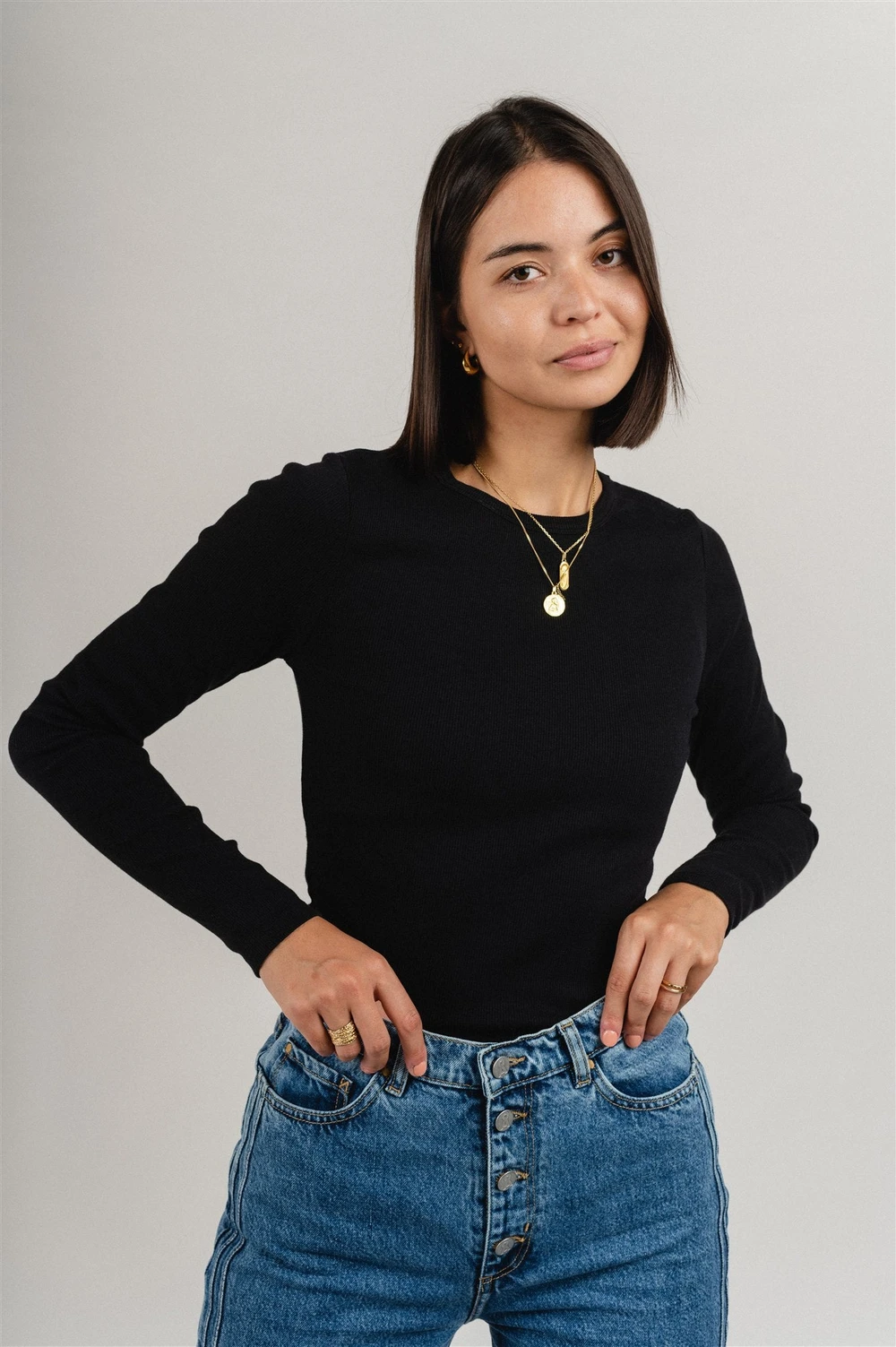 T-shirt manches longues côtelé en coton bio | noir "deep black" femme