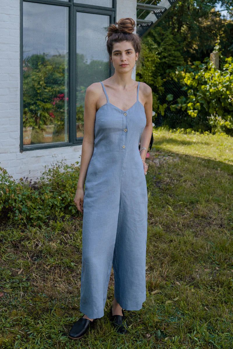 Combinaison en coton bio et lin | bleu "relaxed jumpsuit stone blue" femme