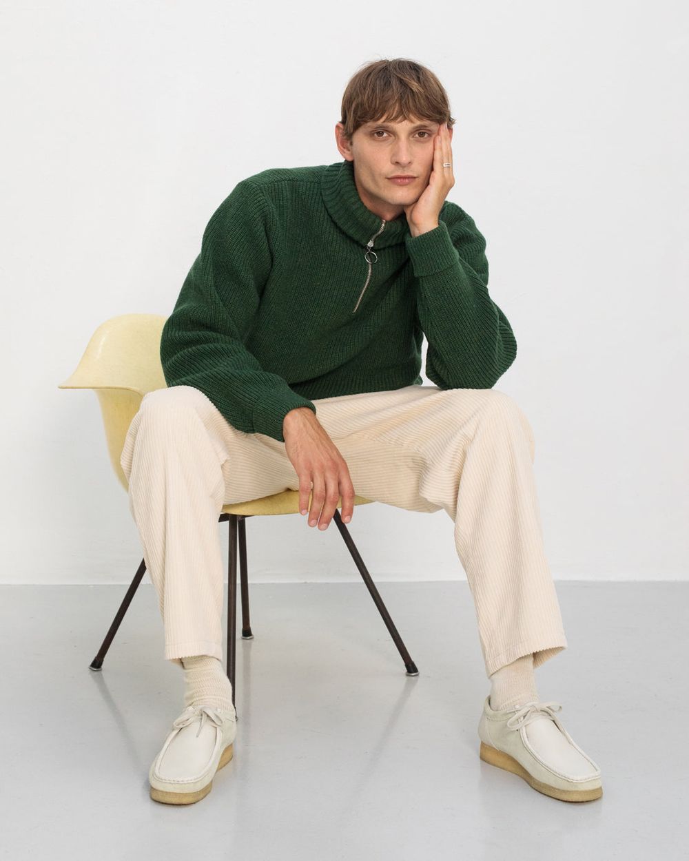 Pull maille col zippé en laine recyclée | vert "heavy knit troyer ...